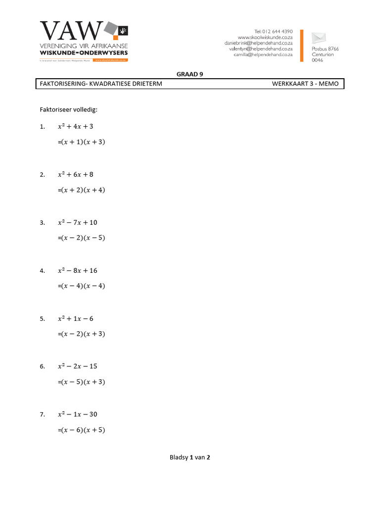 Gr. 9 Wisk Faktorisering SDP Werkkaart 3 - Drieterme MEMO | PDF