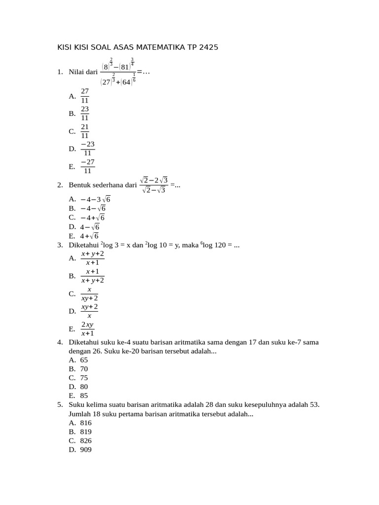 KISI KISI ASAS Matematika | PDF