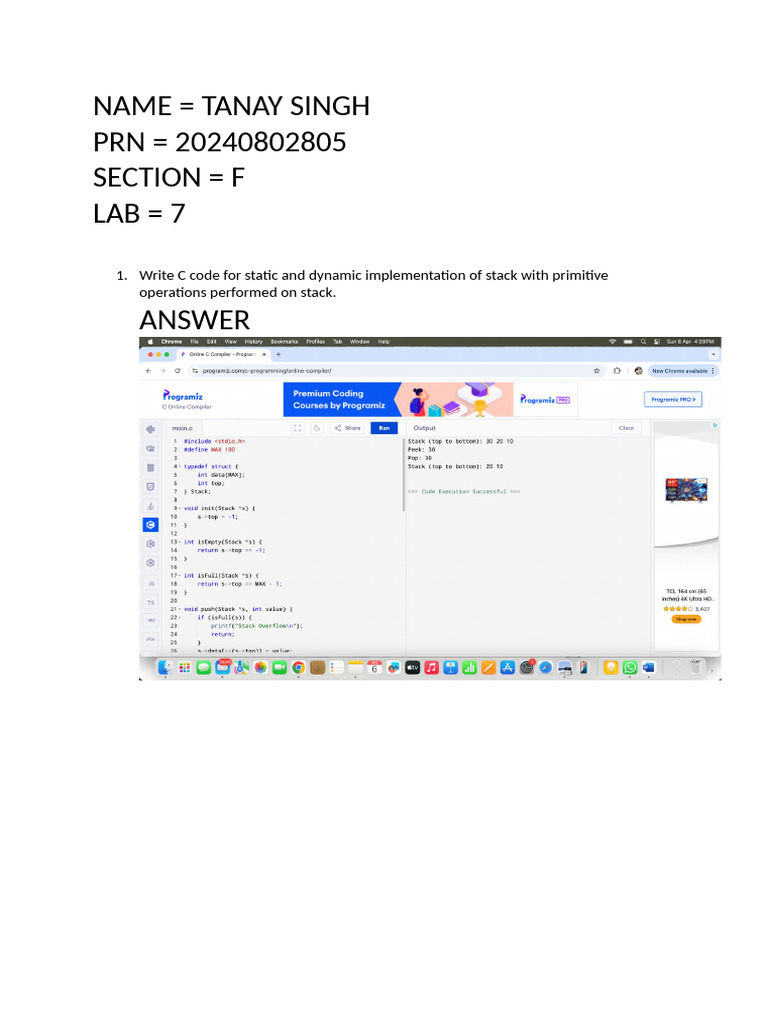 Name = Tanay Singh Prn = 20240802805 Section = f Lab = 7 | PDF