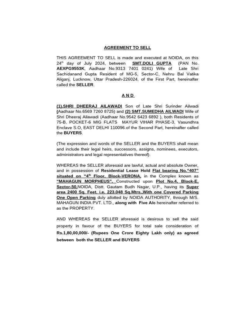 AGR Maha Morpheus 407 Sec-50.docx 180 | PDF | Deed | Payments