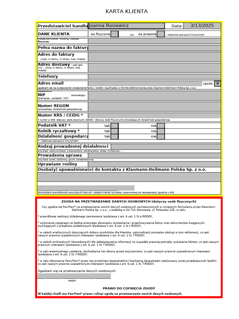 Karta Klienta Zgoda Na Faktury RODO 2021 | PDF
