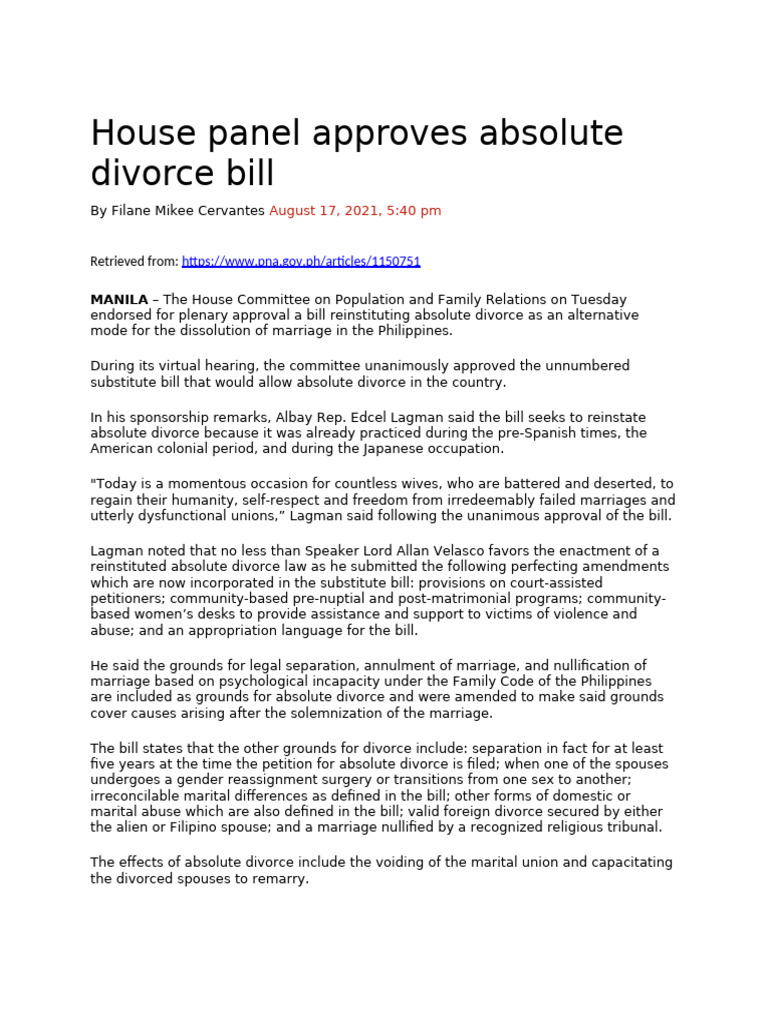 Article - House Panel Approves Absolute Divorce Bill | PDF | Divorce ...