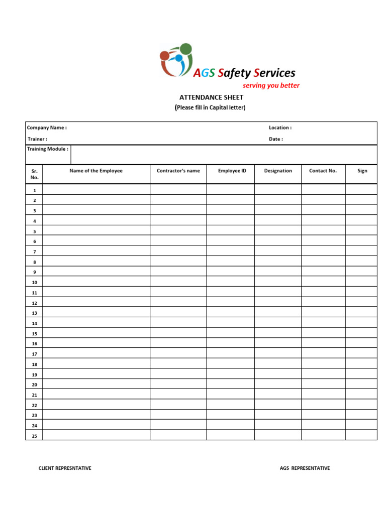 Attendance Sheet AGS Safety Services | PDF