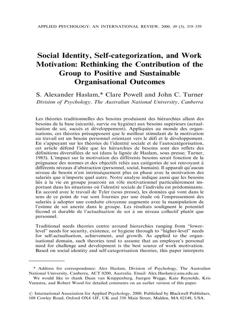 Social Identity, Self-Categorization, and Work Motivation | PDF ...