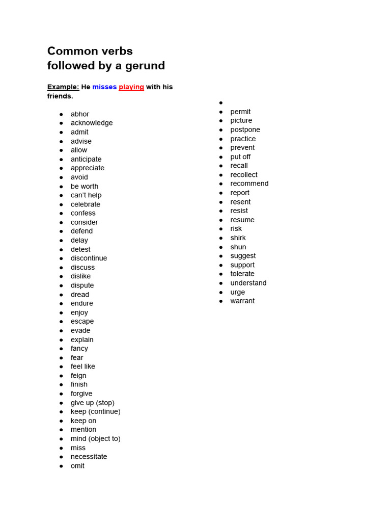 Common Verbs with Gerunds List | PDF