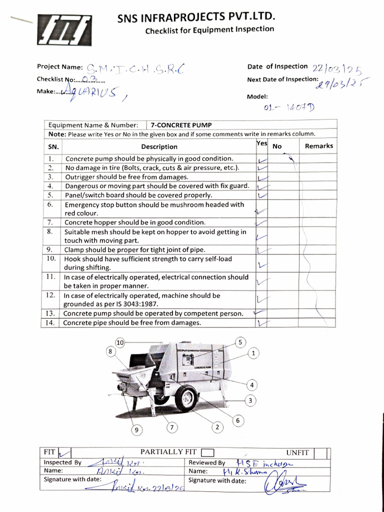 Concrete Pump Checklist 22.03.2025 | PDF | Building Materials | Equipment