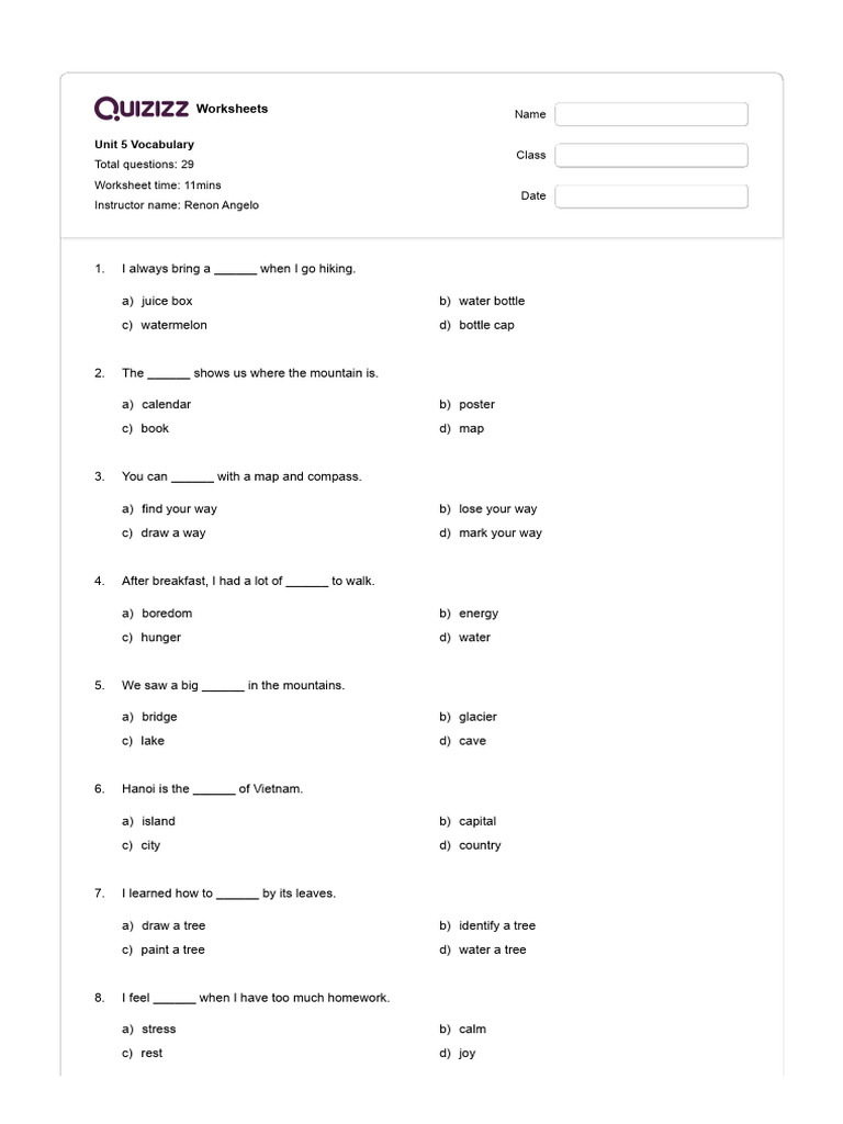 Unit 5 Vocabulary Worksheet Answers | PDF