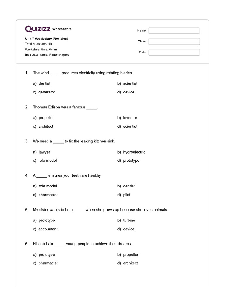 Unit 7 Vocabulary Revision Worksheet | PDF