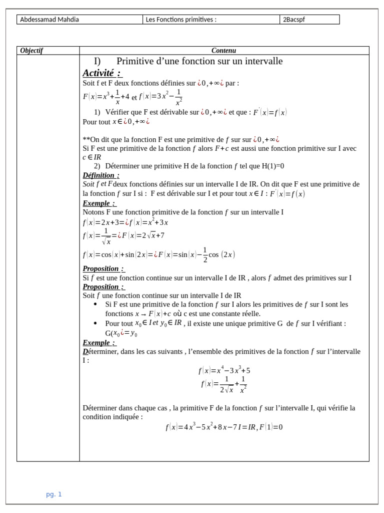 Fonctions Primitives 2 Bac SPF | PDF | Analyse mathématique | Mathématiques