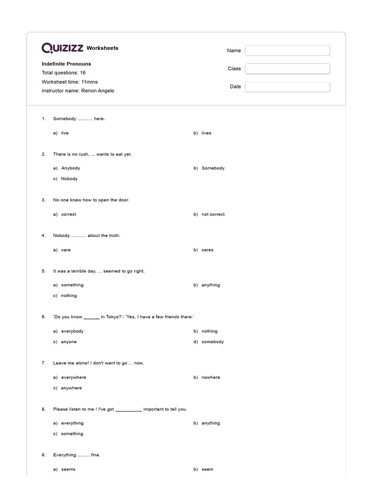 Indefinite Pronouns With Answer Key | PDF
