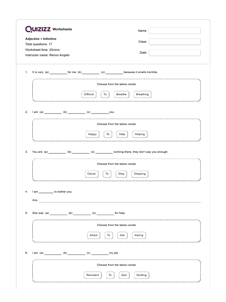 Adjective + Infinitive Worksheet | PDF