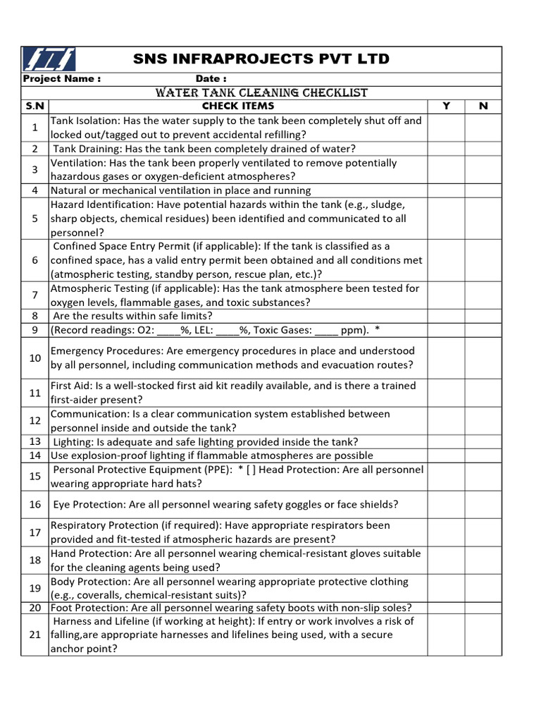 Water Tank Cleaning Checklist | PDF | Safety | Occupational Safety And ...