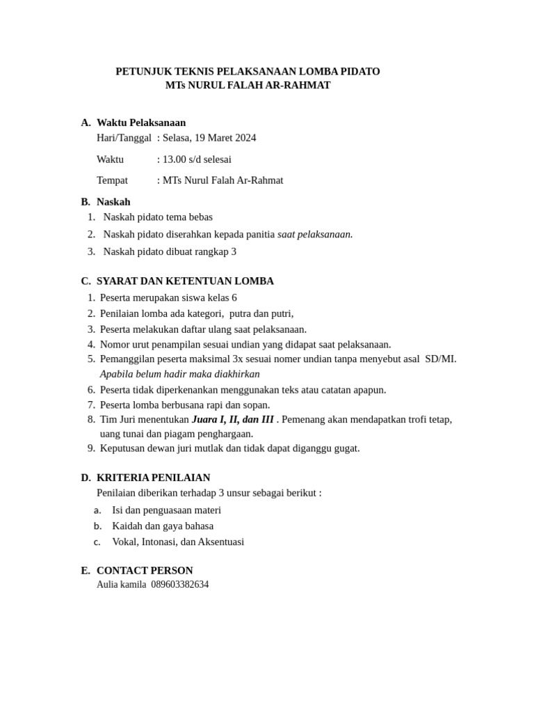 Lomba Pidato Mts Nurul Falah 2024 Pdf