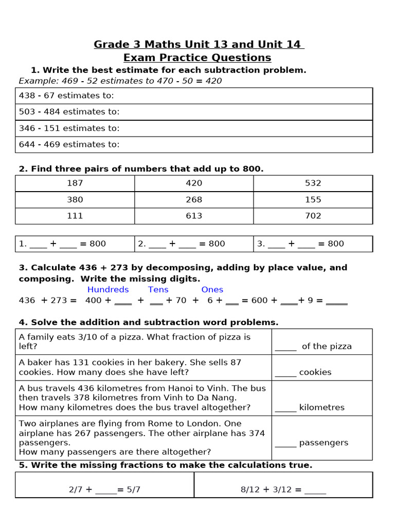 Grade 3 Maths Exam Practice Questions | PDF | Area | Numbers