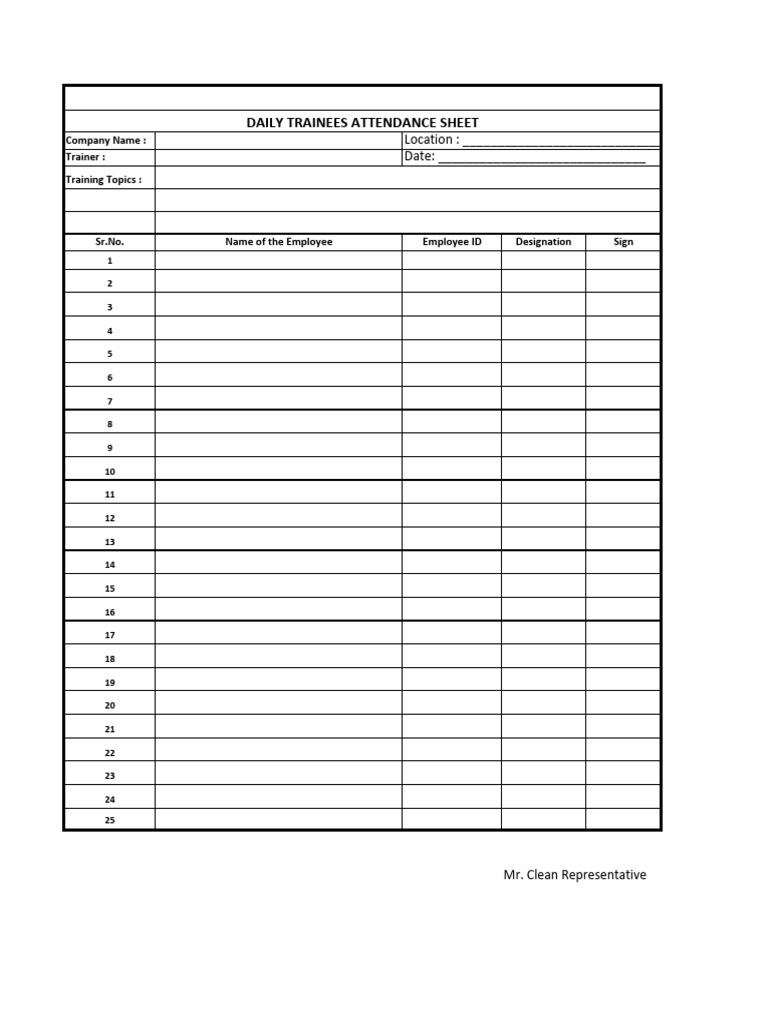 Attendance Sheet Mr. Clean Services | PDF