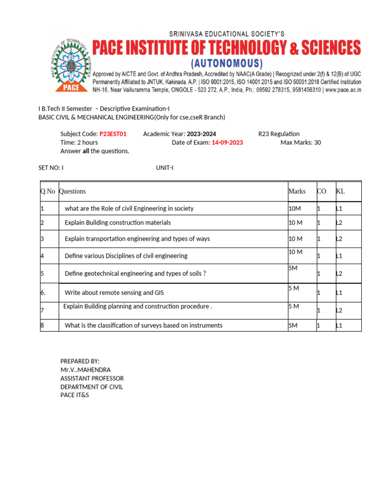 Cse, Cse R R23 - Bcme QP (Civil P23est01) | PDF | Civil Engineering | Surveying