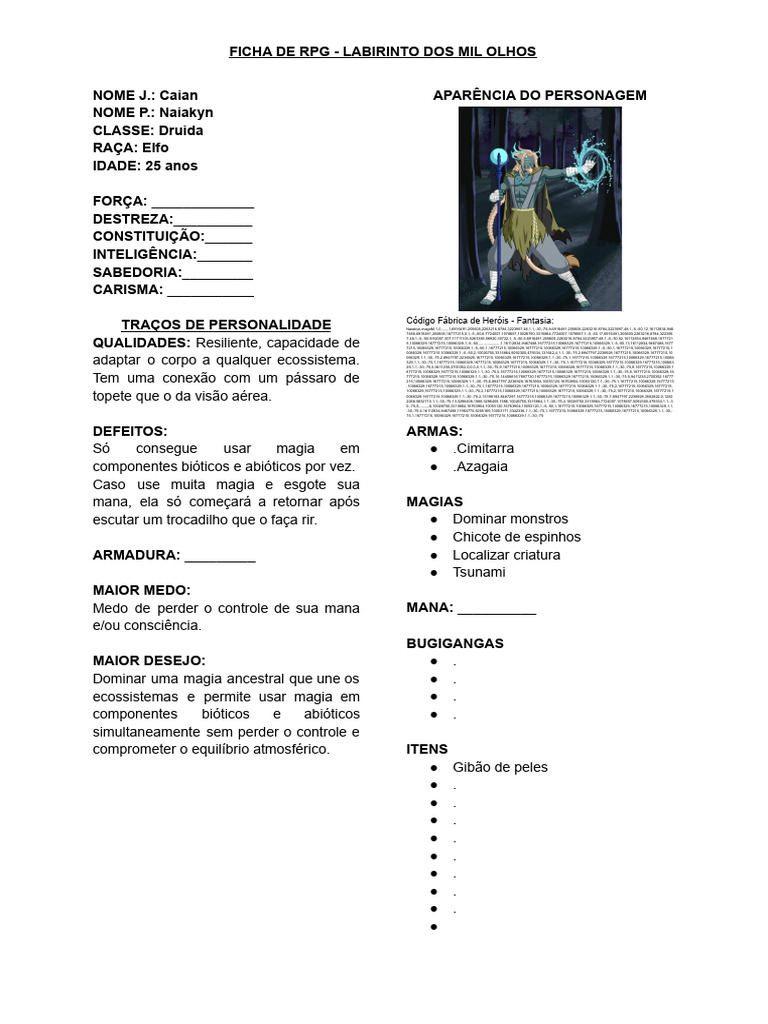 FICHA DE RPG - LABIRINTO DOS MIL OLHOS - Caian | PDF | Druida