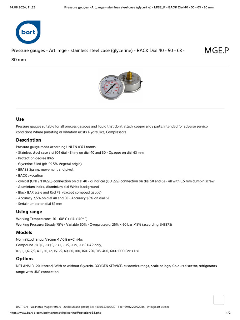 Pressure Gauges - Art - Mge - Stainless Steel Case (Glycerine) - MGE ...