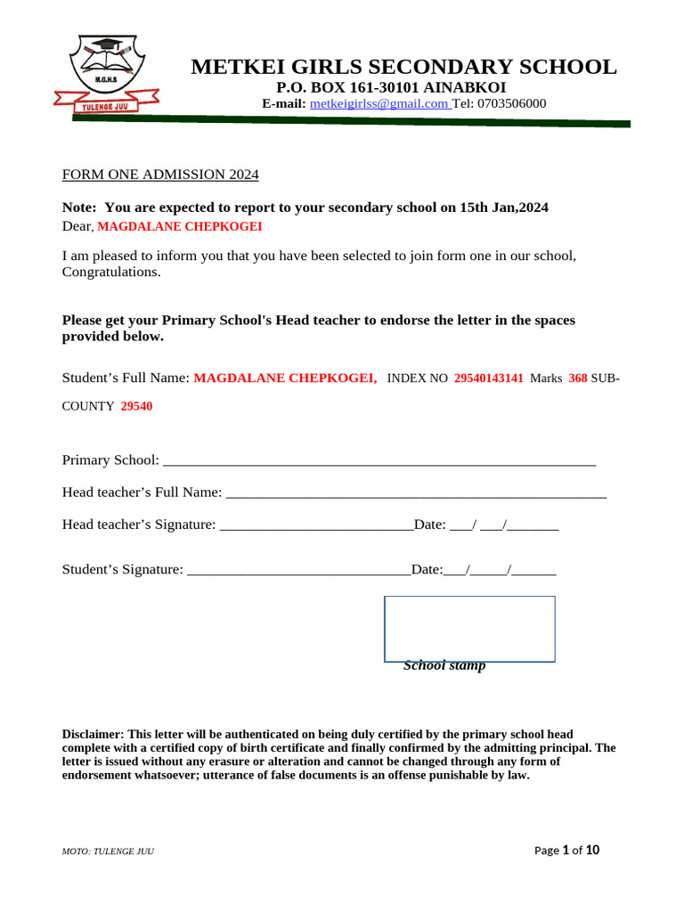 Magdalane Chepkogei Calling Letter | PDF