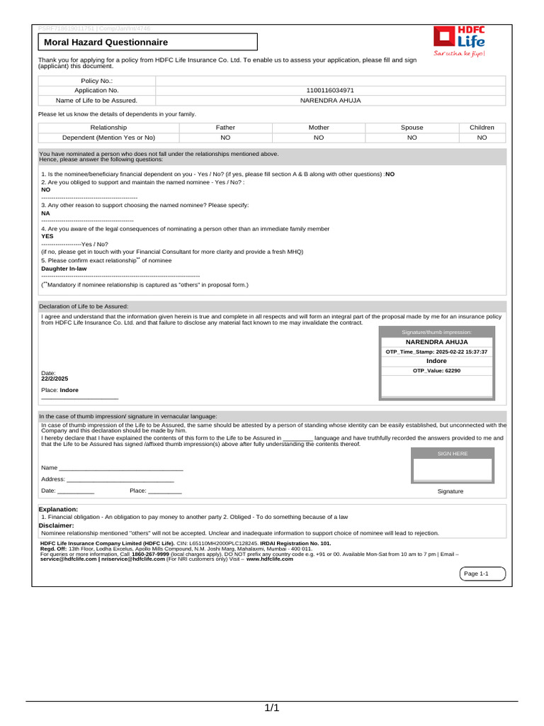 HDFC Life Moral Hazard Questionnaire | PDF