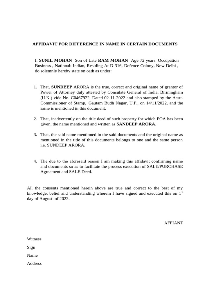 AFFIDAVIT FOR DIFFERENCE IN NAME IN CERTAIN DOCUMENTS by Pramod Ji | PDF