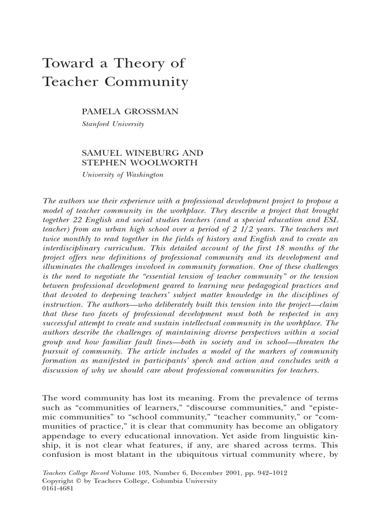 Grossman Et Al. - Toward A Theory of Teacher Community | PDF | Teachers ...