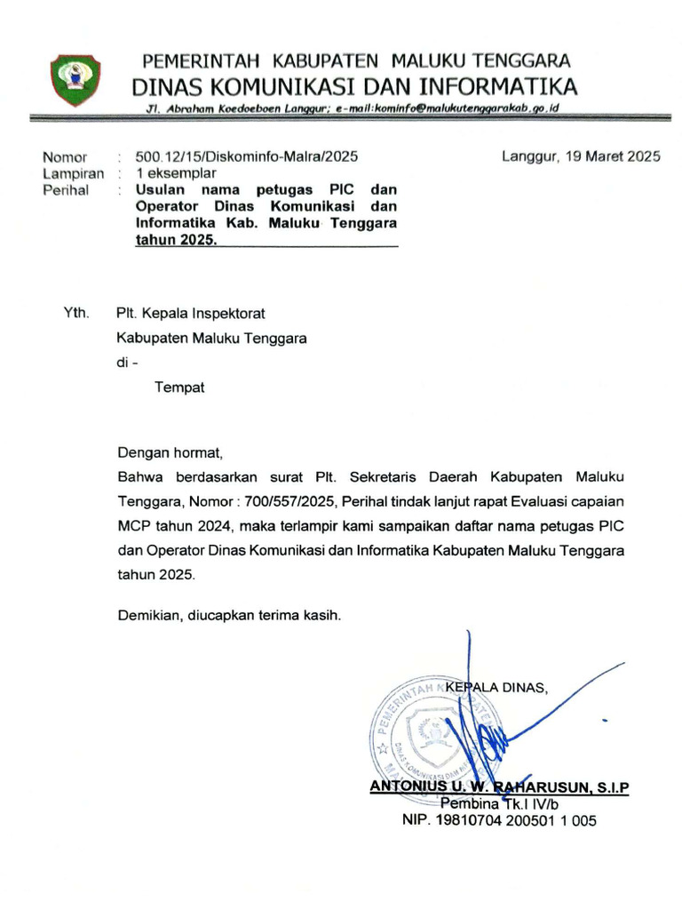 Usulan Nama Petugas Pic & Operator Diskominfo Malra Tahun 2025 | PDF