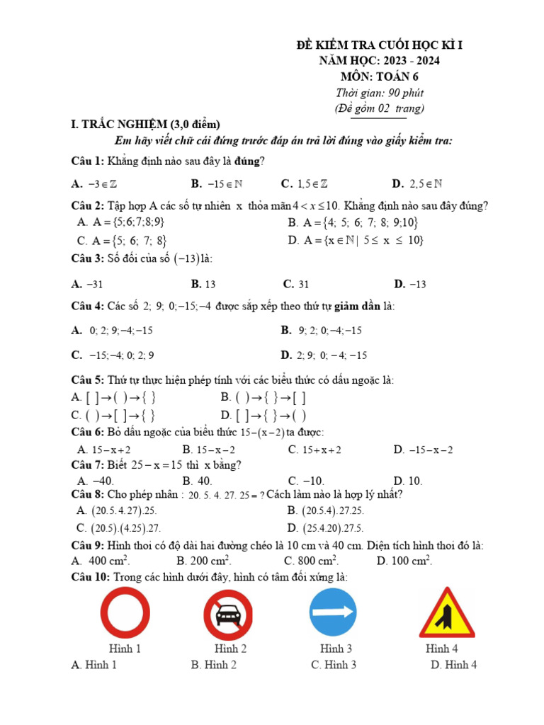 Đề 07 - CK1 - Toán 6 - Hải Dương - 2023-2024 | PDF
