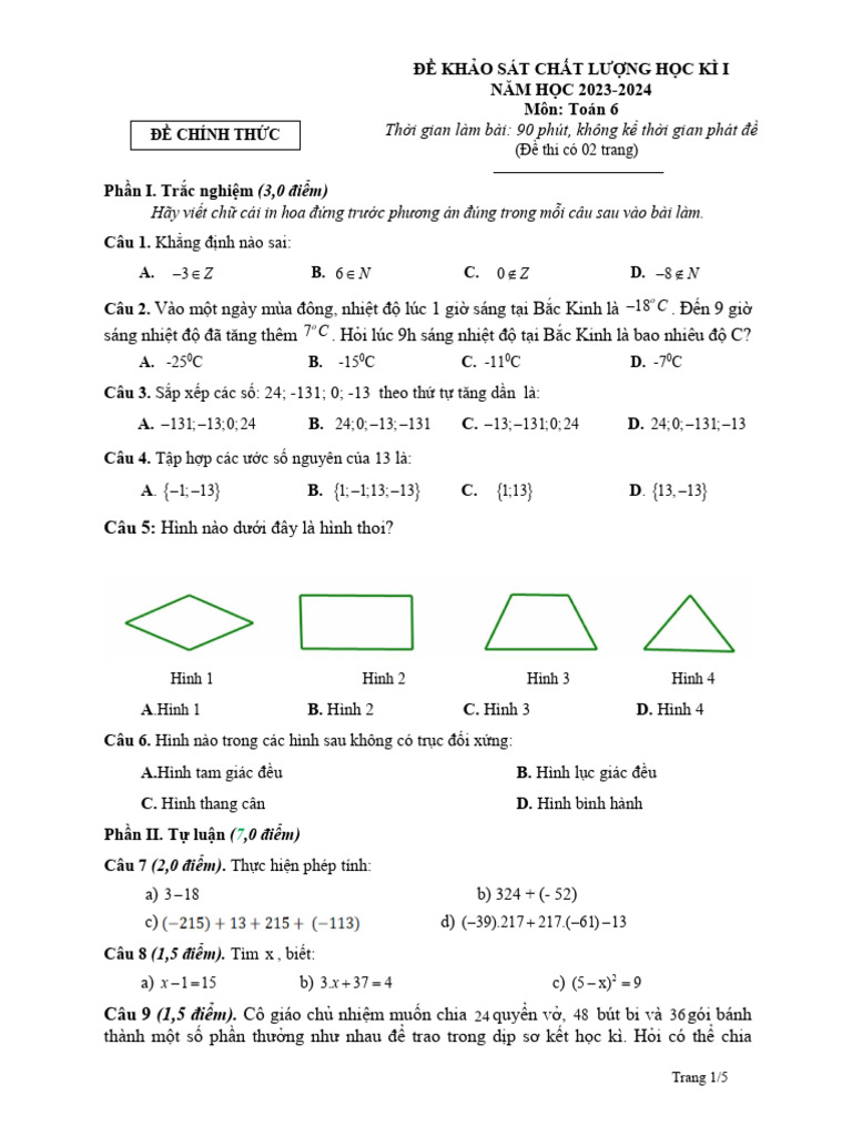 Đề 06 - CK1 - Toán 6 - Ninh Bình - 2023-2024 | PDF