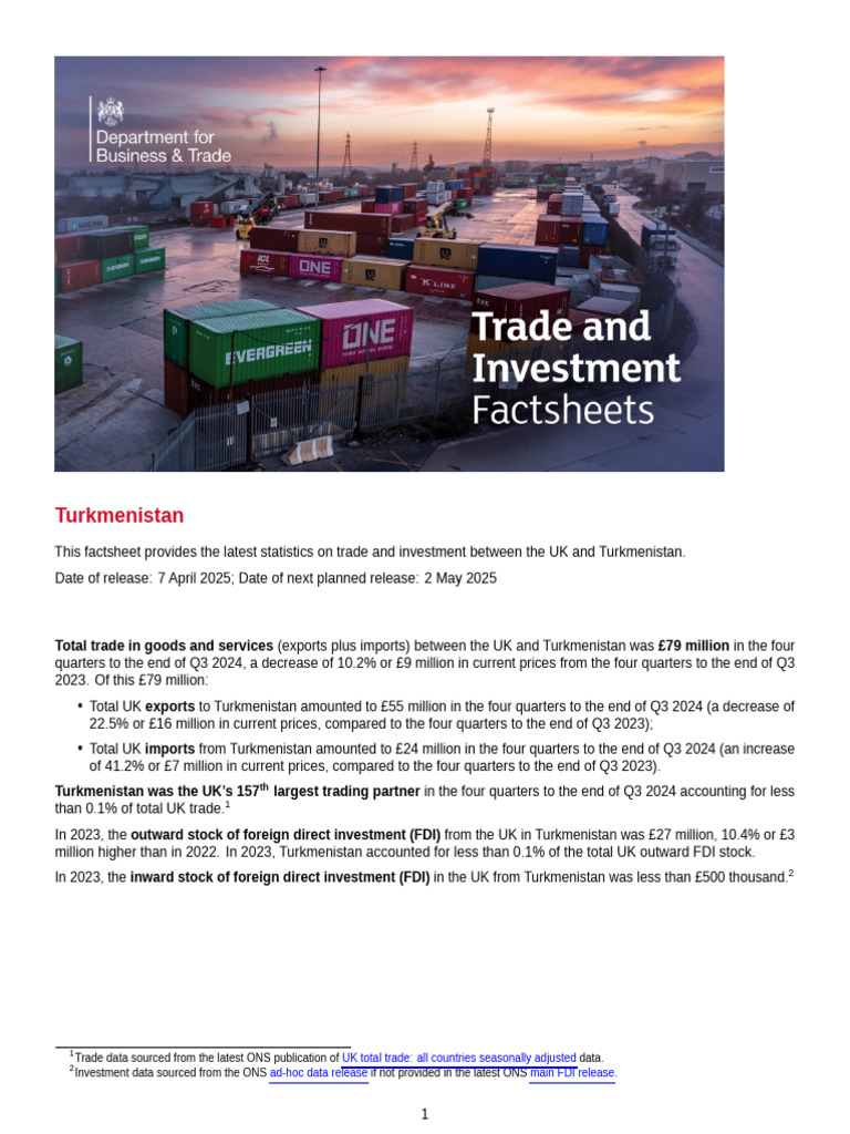 Turkmenistan Trade and Investment Factsheet 2025 04 07 | PDF | Foreign Direct Investment ...