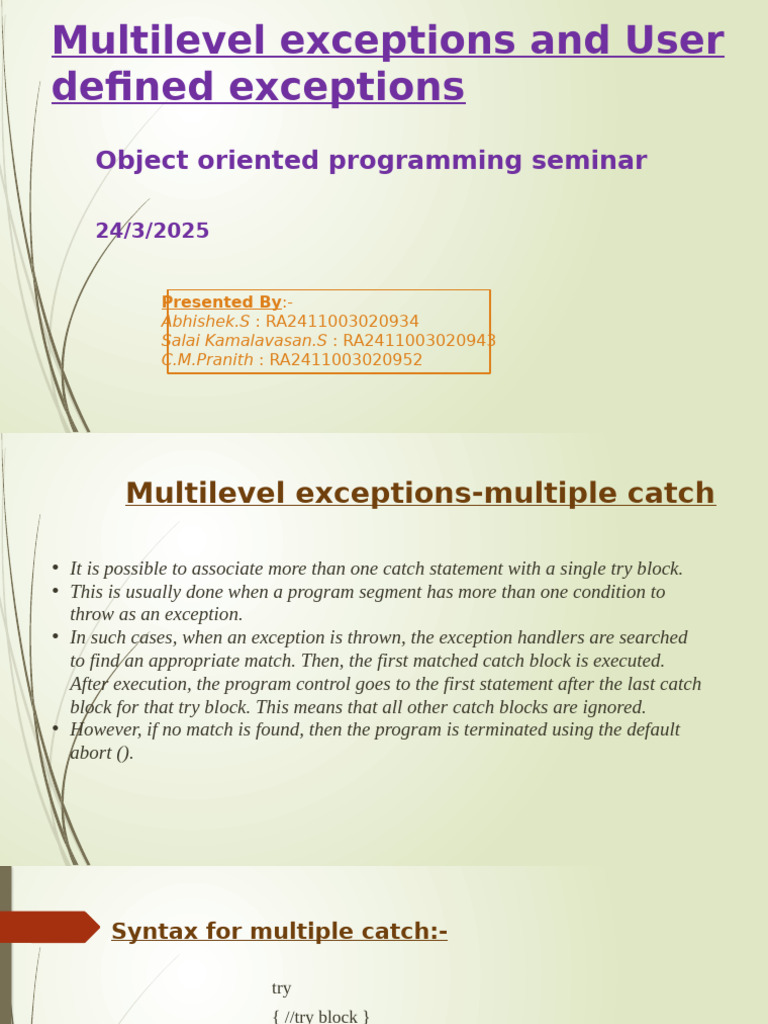 Multilevel Exceptions and User Defined Exceptions | PDF | Namespace | Software Engineering
