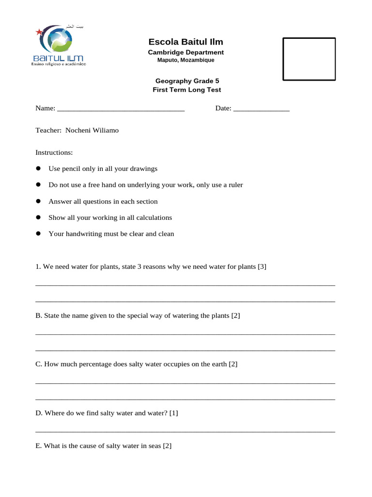 Geography Grade 5 Water Test Maputo | PDF | Water | Earth Sciences
