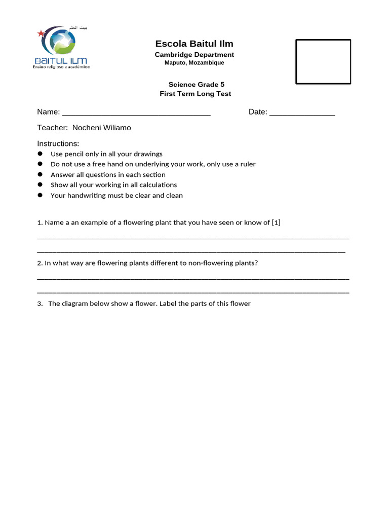 Grade 5 Science Test: Flowering Plants | PDF | Flowers | Seed