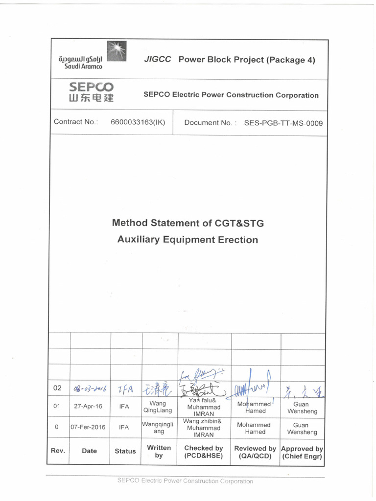 Method Statement For CGT&STG Auxiliary Equipment Erection Rev.02 | PDF ...