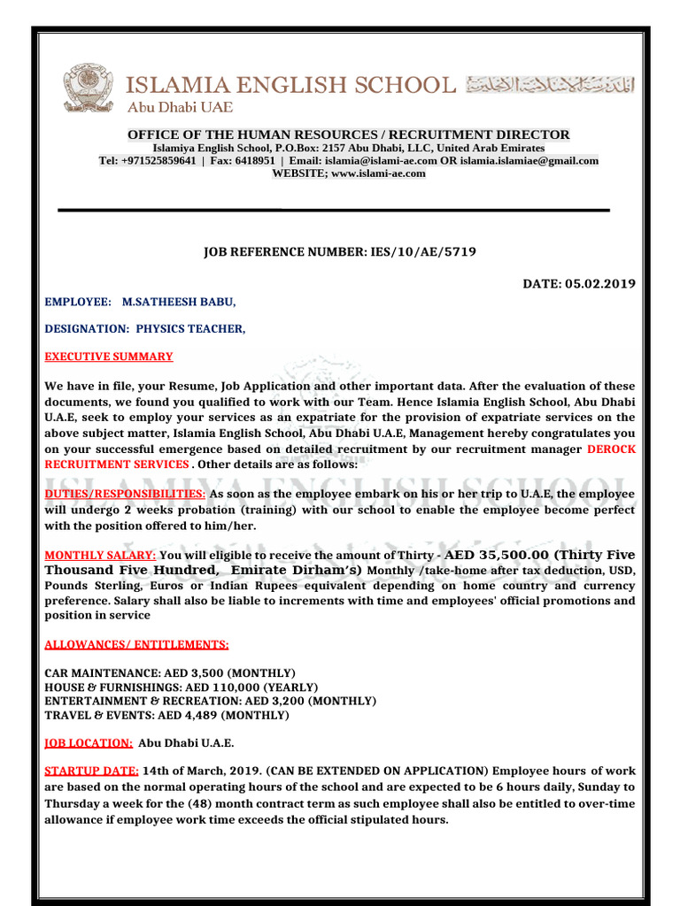 Islamia English School Offer Letter | PDF | United Arab Emirates ...