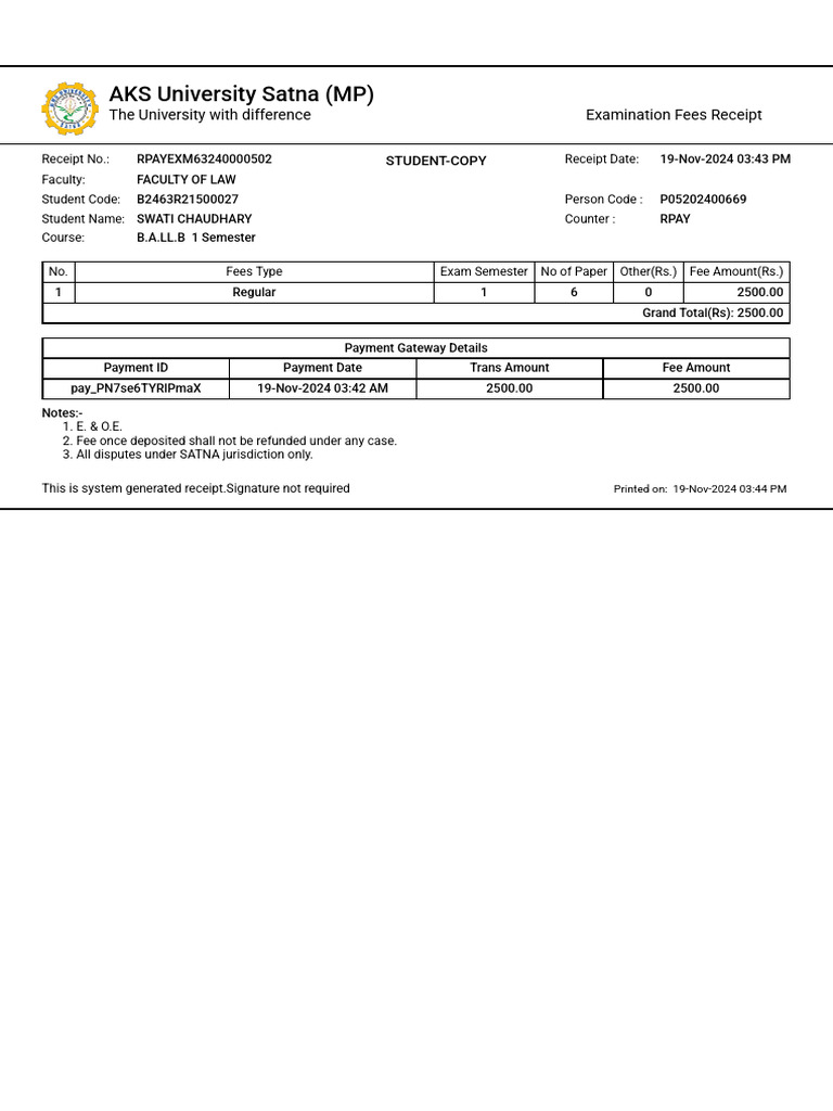AKS University Exam Fee Receipt | PDF
