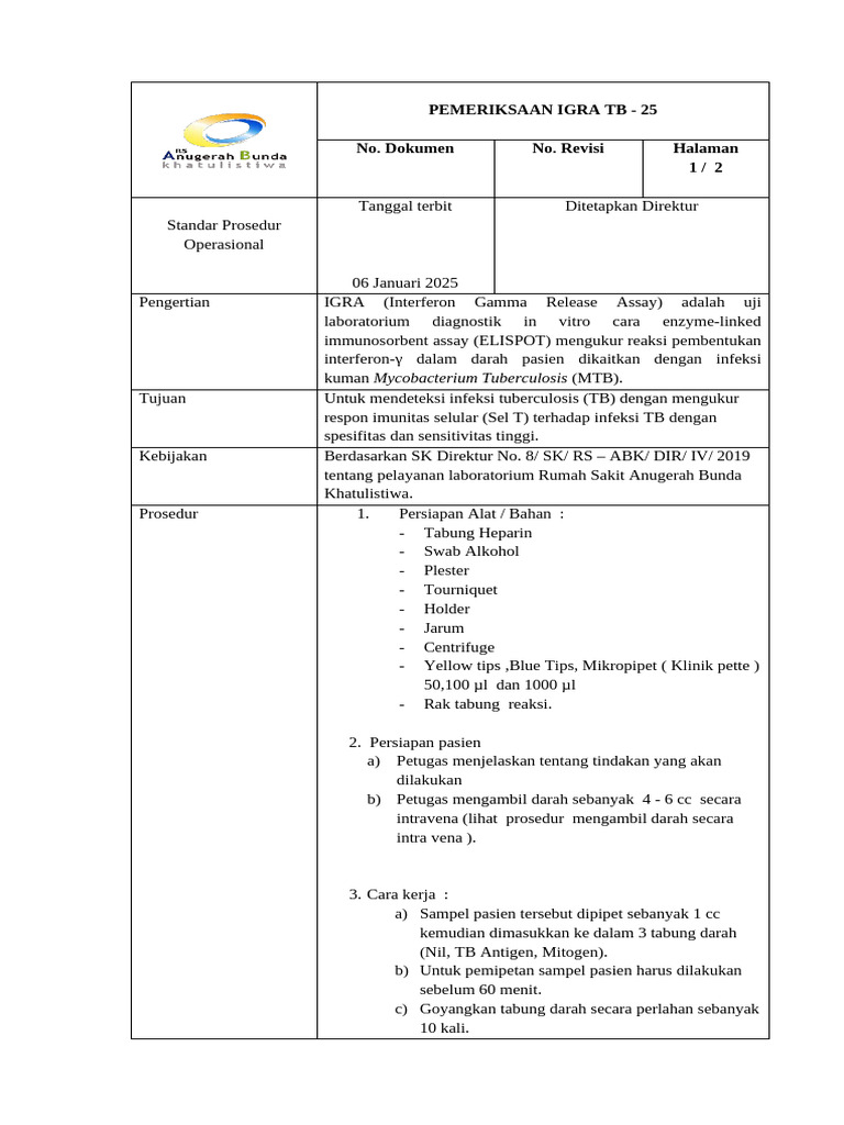 Sop Pemeriksaan Igra TB | PDF