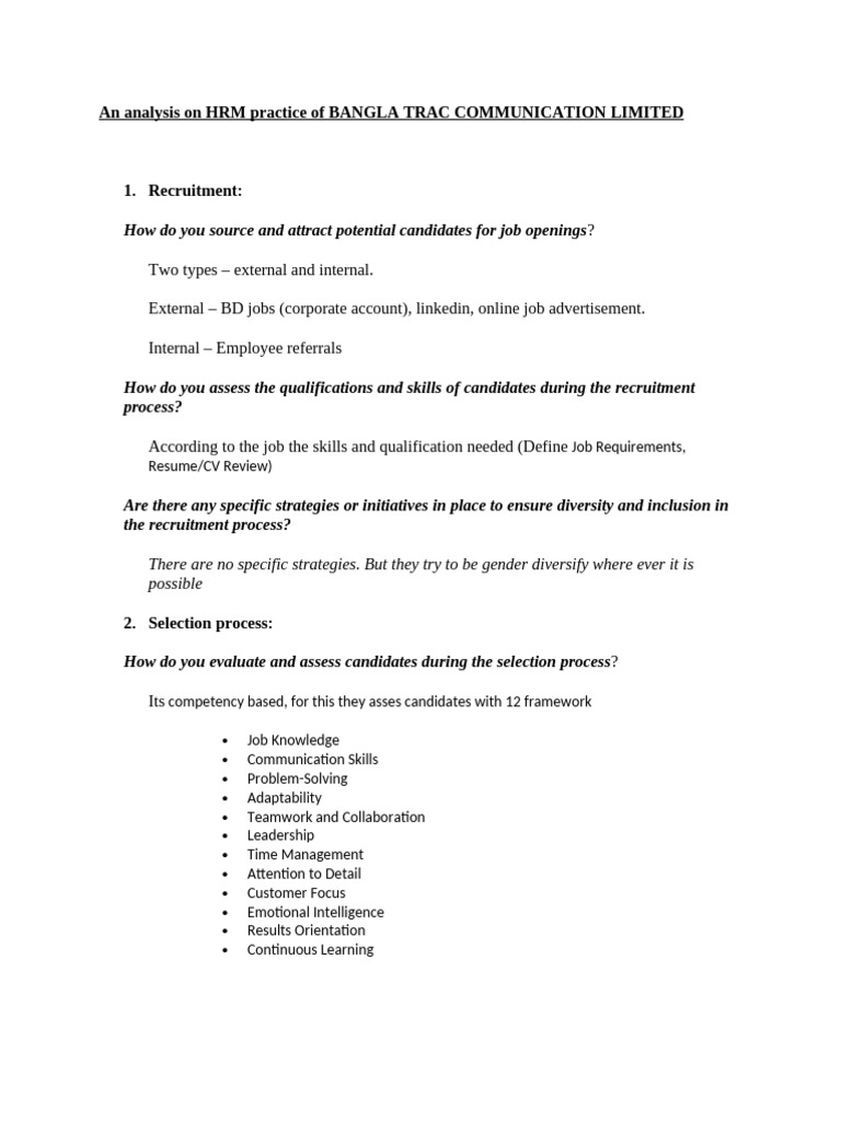An Analysis On HRM Practice of BANGLA TRAC COMMUNICATION LIMITED | PDF ...