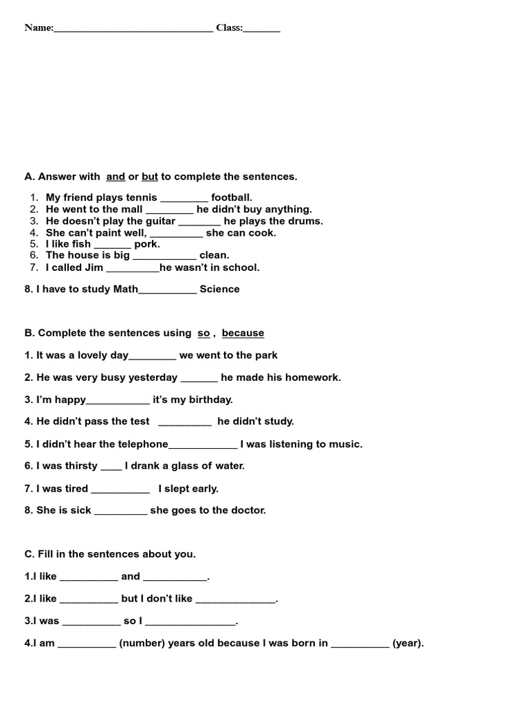 Conjunctions and But So Because Grammar Drills Grammar Guides One ...