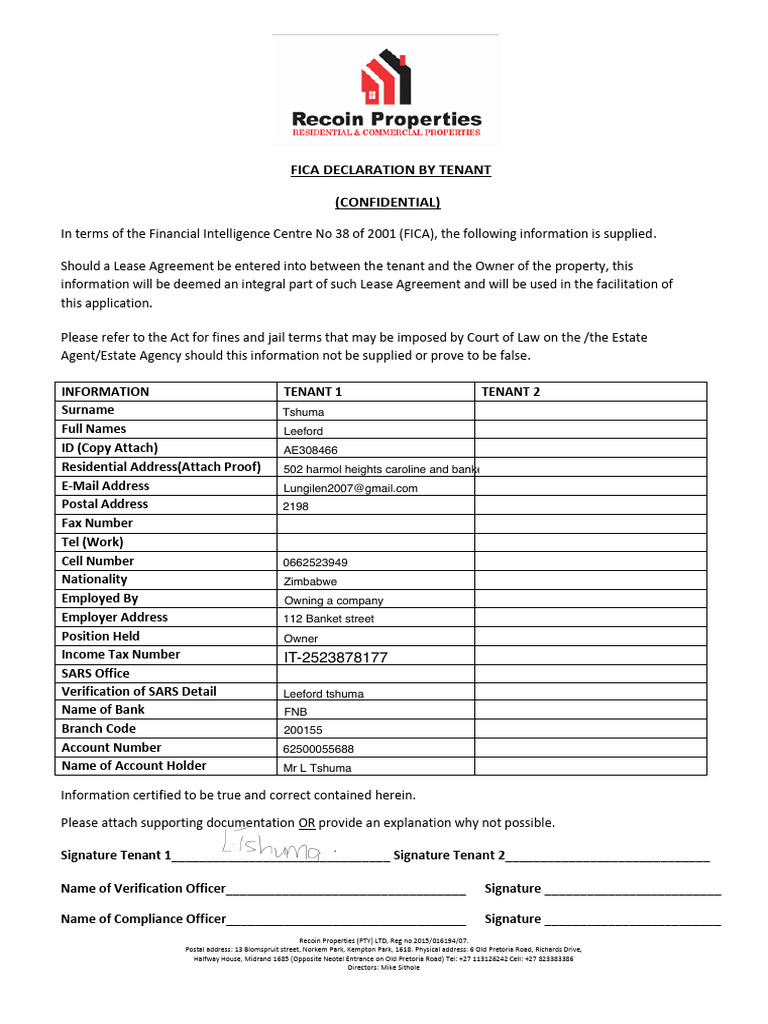 FICA Declaration Tenant 2021 | PDF | Taxes