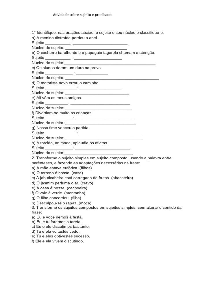 Atividade Sobre Sujeito e Predicado | PDF