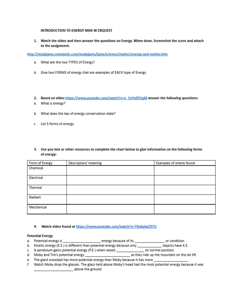 Intro To Energy Webquest | PDF | Potential Energy | Applied And ...