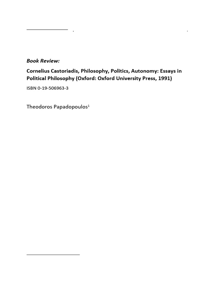 1996 - Papadopoulos T - Book Review - Castoriadis Philosophy Politics Autonomy | PDF | Plato ...