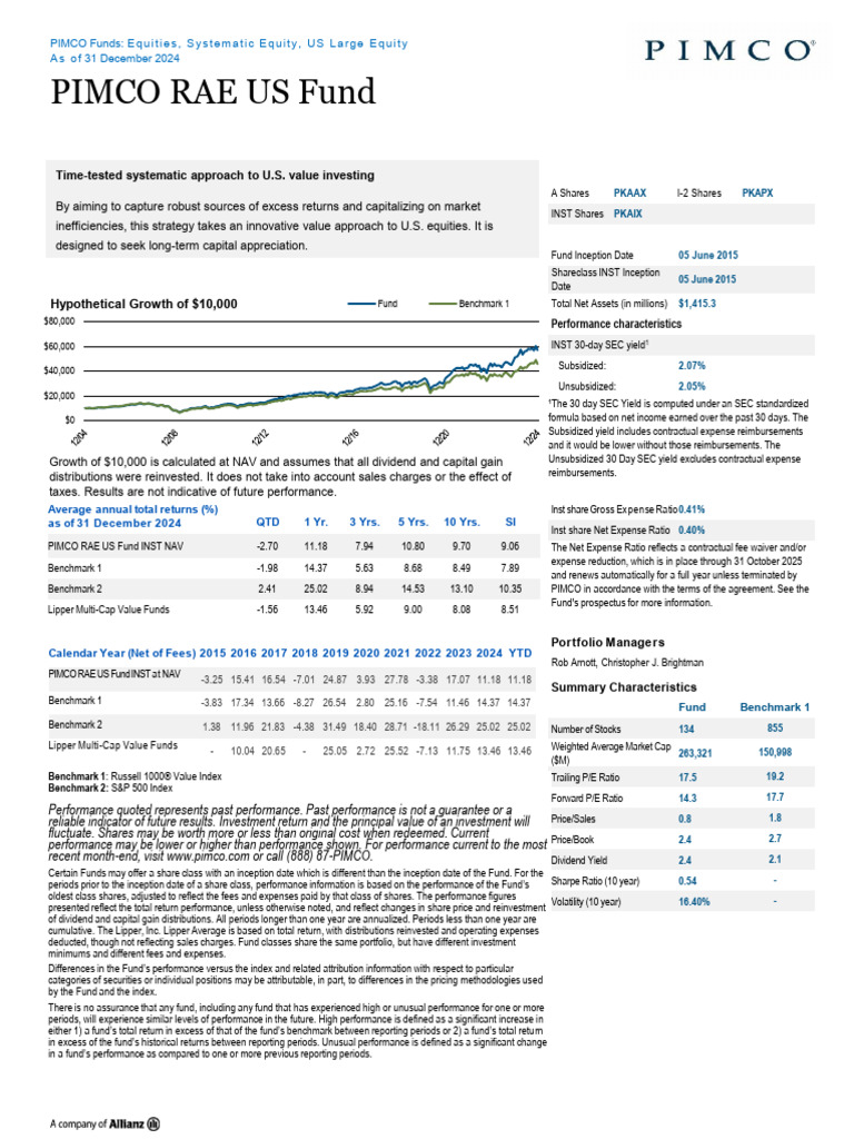 Pimcoeqs Pimco Rae Us Fund Inst Fs | PDF | Financial Risk | Investment Fund