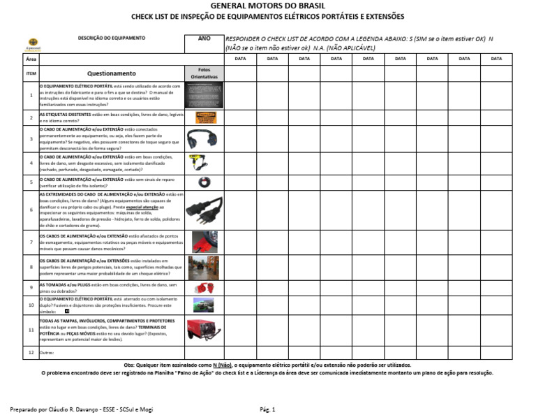 Formulário CHECK LIST Equipamentos Elétricos Portáteis e Extensões | PDF