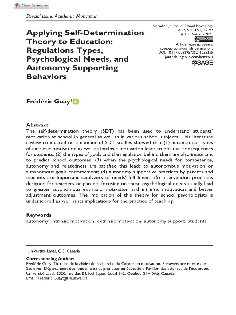 Guay 2021 Applying Self Determination Theory To Education Regulations ...