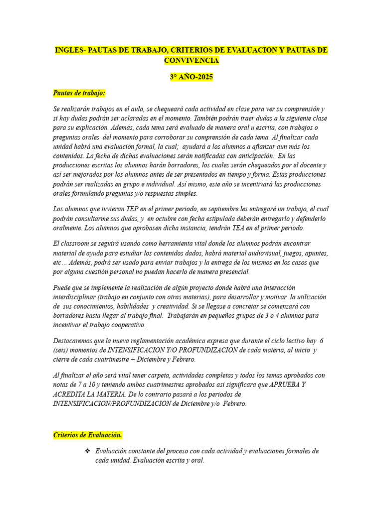 Pautas de Trabajo - Criterios de Evaluacion 3er A-O 2025 | PDF | Salón de clases | Evaluación