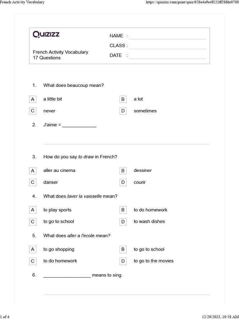 French Activity Vocabulary | PDF