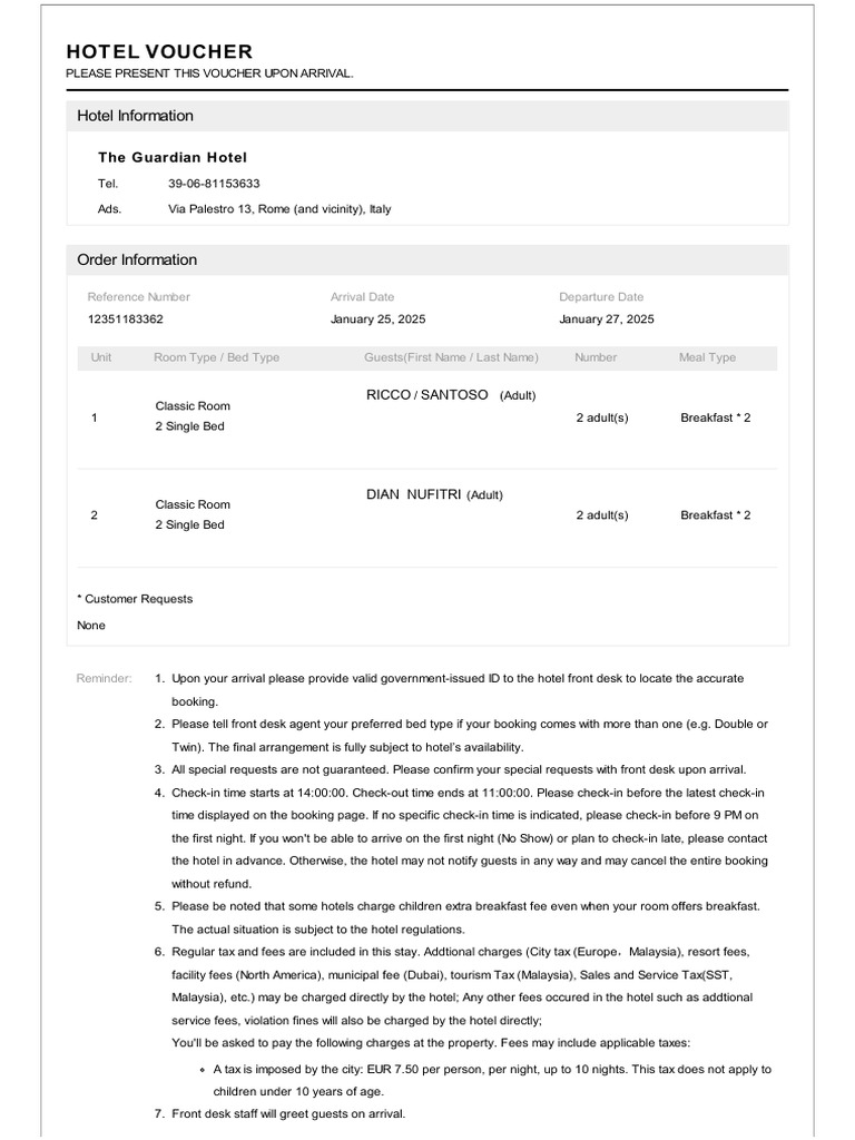 2025-01-25-Rome-The Guardian Hotel-RICCO, DIAN | PDF | Fee | Hotel