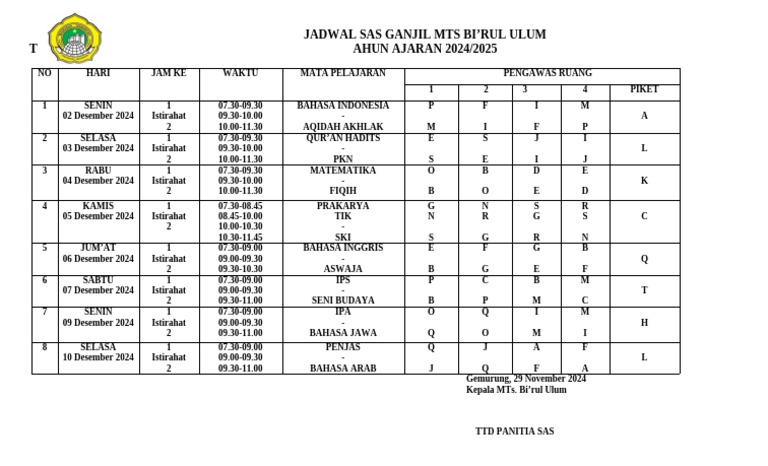 Jadwal SAS Ganjil MTS 2024/2025 | PDF